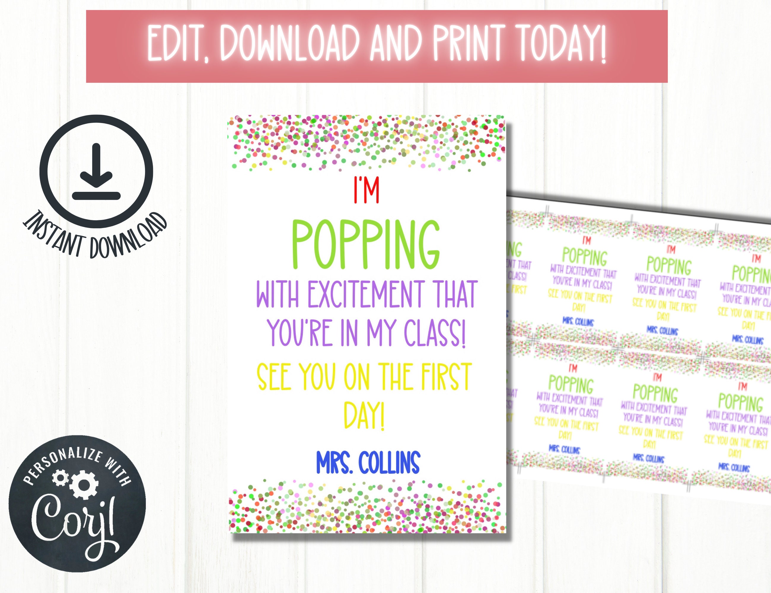 Editable Poppin' With Excitement Welcome Back to School Gift Tag - Etsy