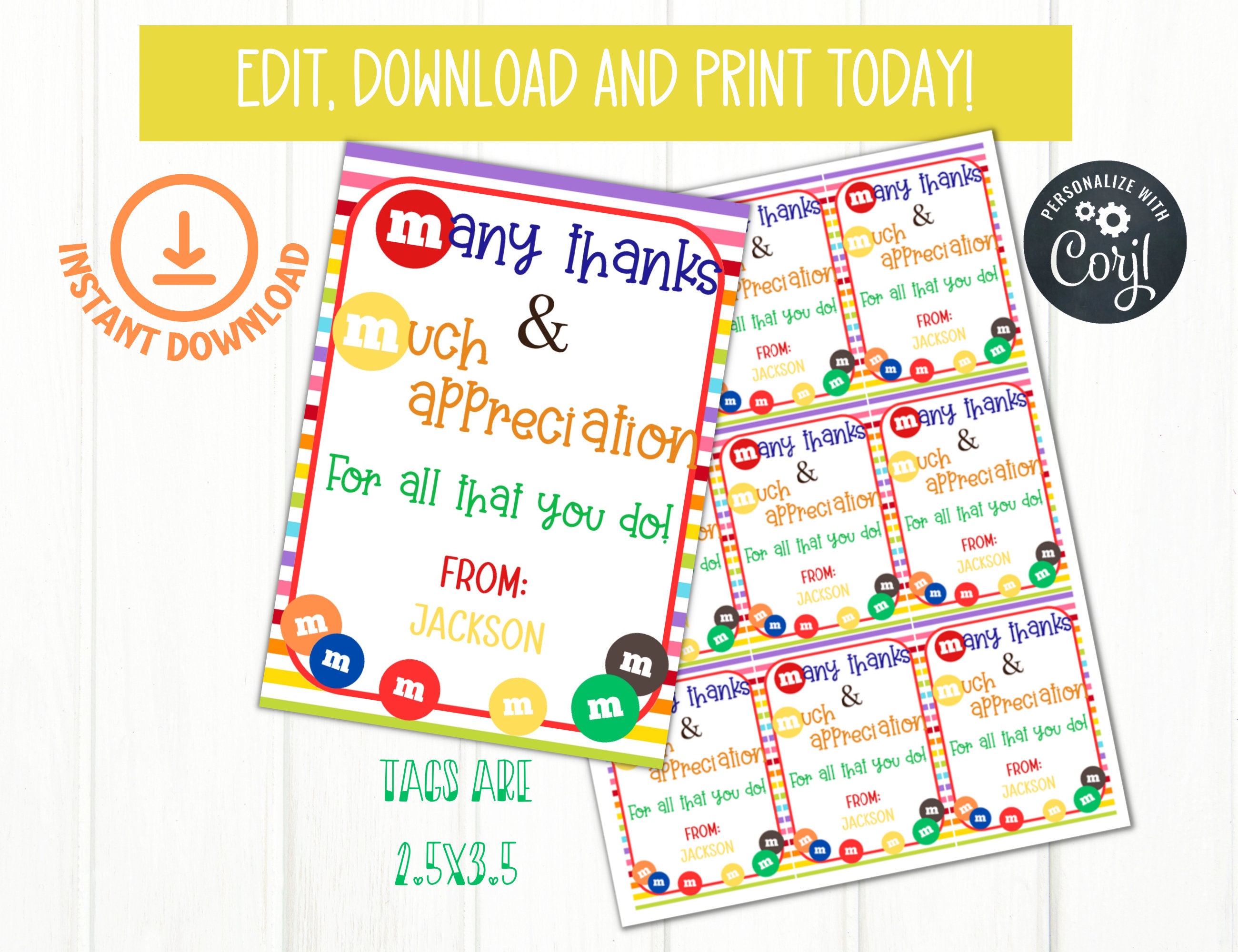 Editable Many Thanks and Much Appreciation Tag, Employee Gift Tag ...