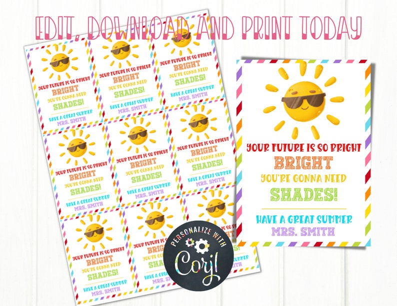 Editable Future so Bright You Gotta Wear Shades Gift Tag, End of Year ...