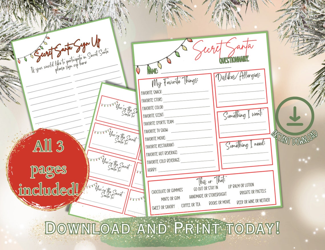 Secret Santa Printable, Printable Secret Santa List, Sign Up - Etsy