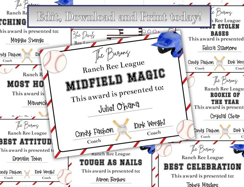 Editable Baseball Award Certificates, Baseball End of Season Awards 1 ...