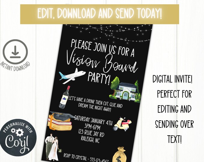 Editable Vision Board Party Digital Invitation, Vision Board Template ...