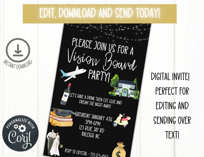 Editable Vision Board Party Digital Invitation, Vision Board Template ...