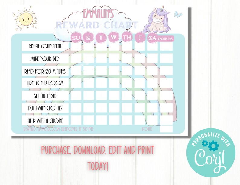 Editable Chore Chart | Editable Unicorn Chore Sheet | Editable Behavior ...