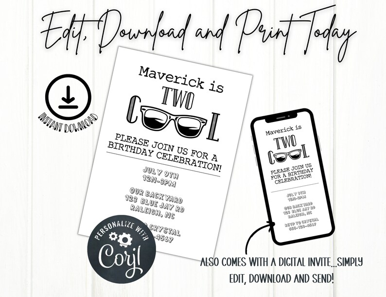 Editable Two Cool Birthday Invitation - Etsy