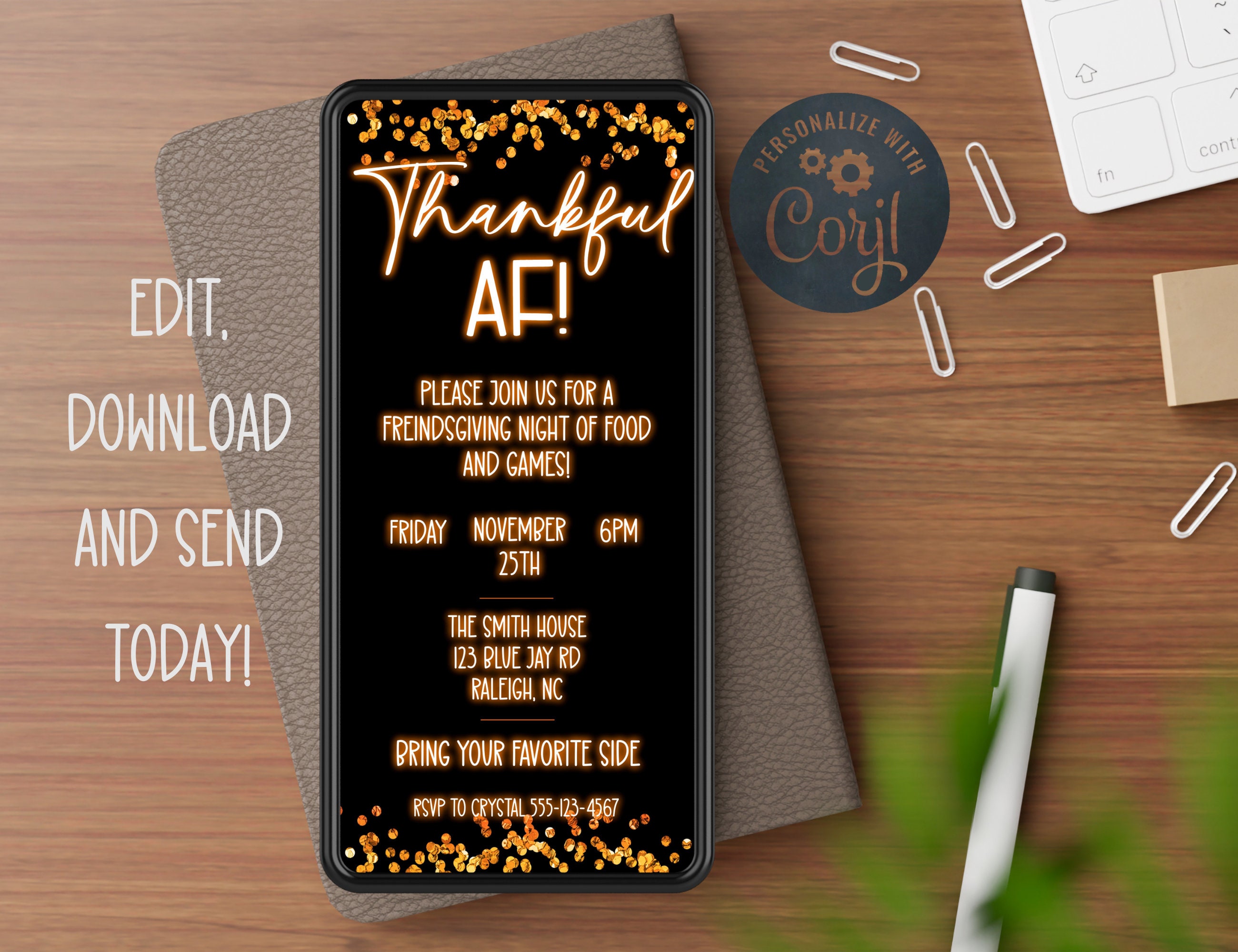 Editable Friendsgiving Digital Invitation, Text Invitation, Thankful AF ...