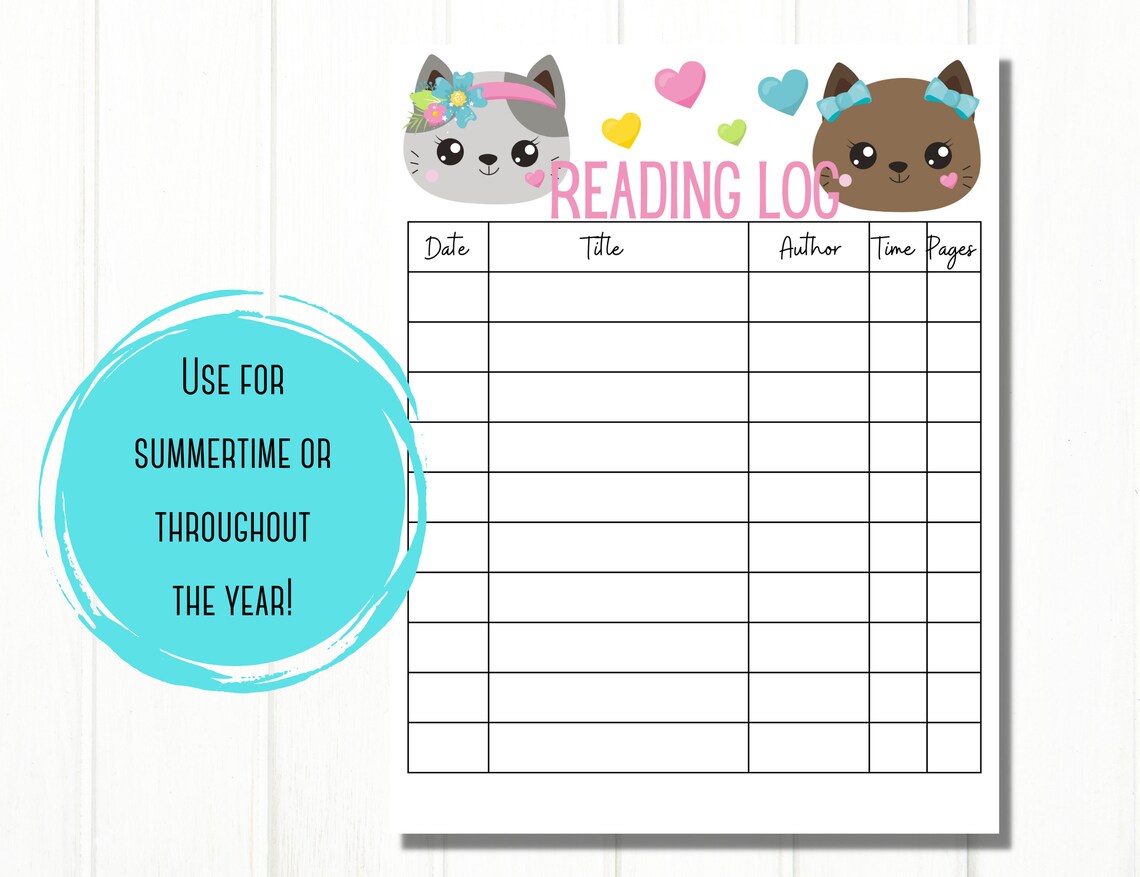 Kids Cat Reading Log Summer Reading Log Printable - Etsy