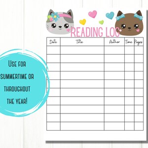 Kids Cat Reading Log | Summer Reading Log | Printable | Homeschool ...