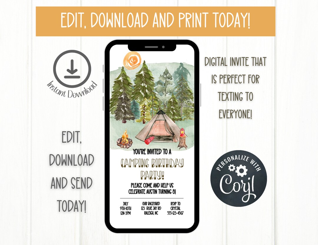 Editable Camping Party Digital Invitation, Camping Template, Camping ...