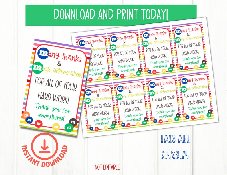 Many Thanks and Much Appreciation, M&M Thank You Tag, Teacher ...