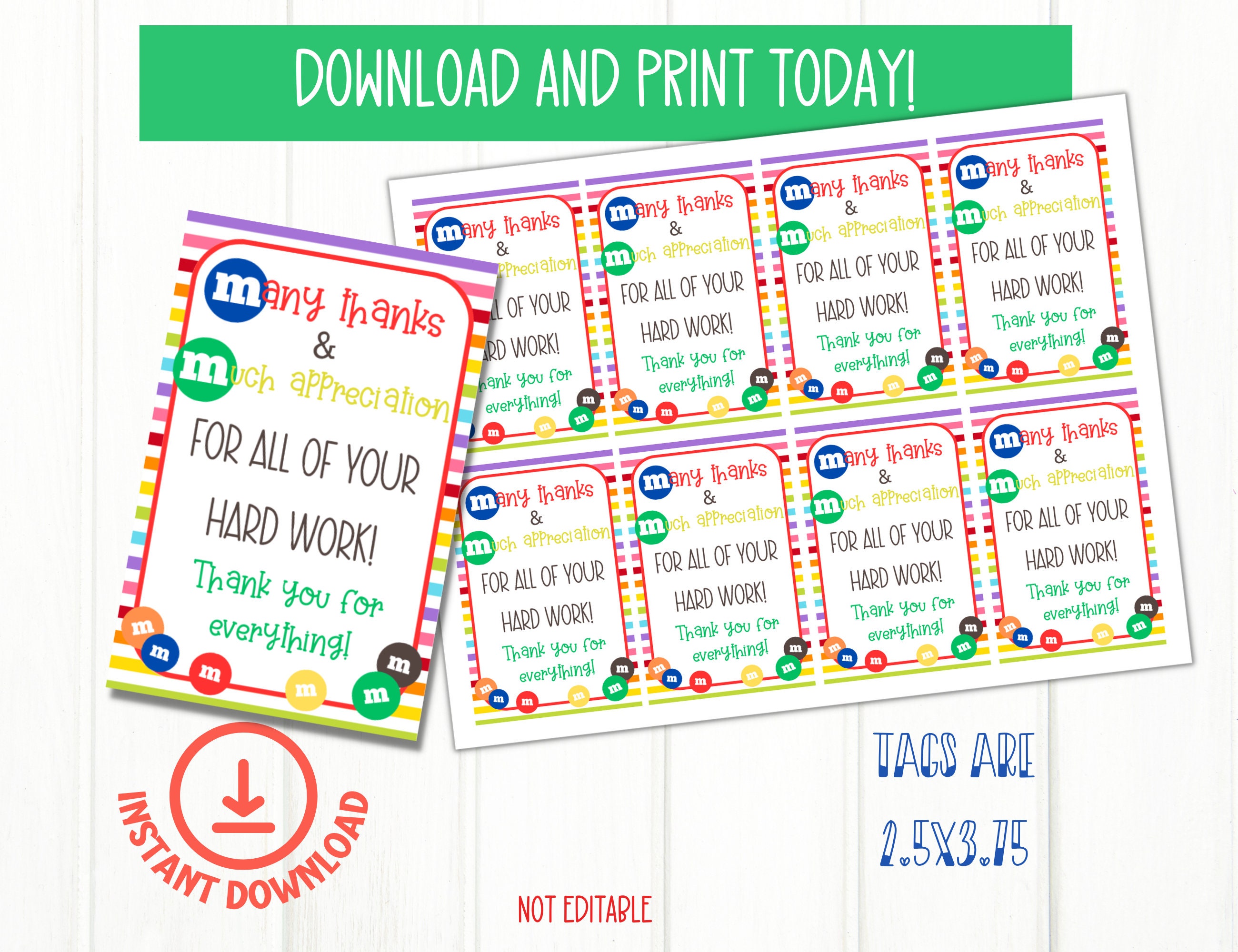 Many Thanks and Much Appreciation, M&M Thank You Tag, Teacher ...