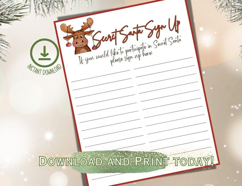 Secret Santa Printable, Printable Secret Santa List, Sign Up, Moose ...