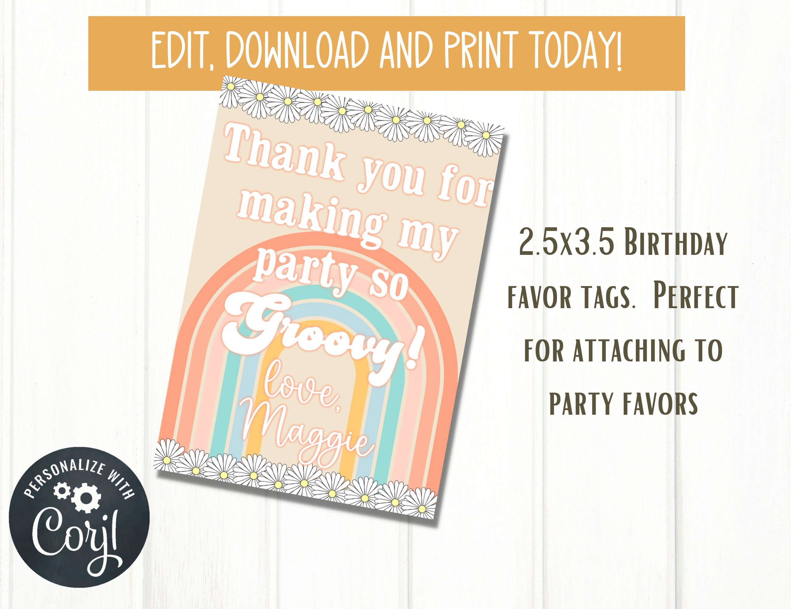 Editable Two Groovy Party Favor Tag, Birthday Party Thank You, Groovy ...