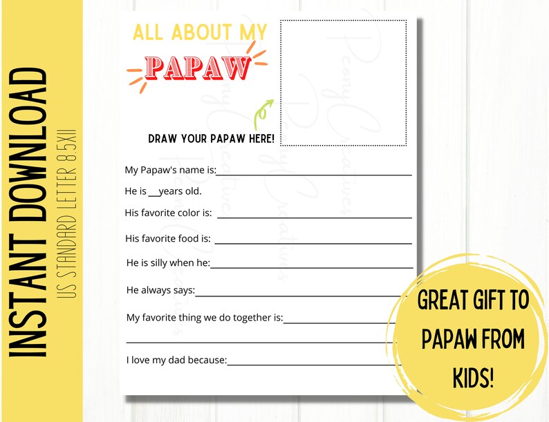 All About My Papaw Printable Fathers Day Questionnaire Instant