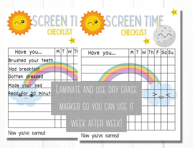 Screen Time Checklist | Cute Reward Chart | Kids Screen Time Checklist ...