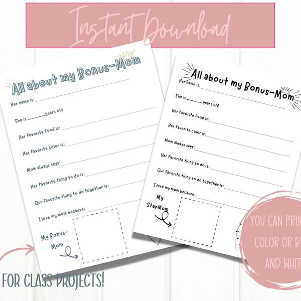 All About My Bonus-mom Printable, Mother's Day Questionnaire, Black and ...