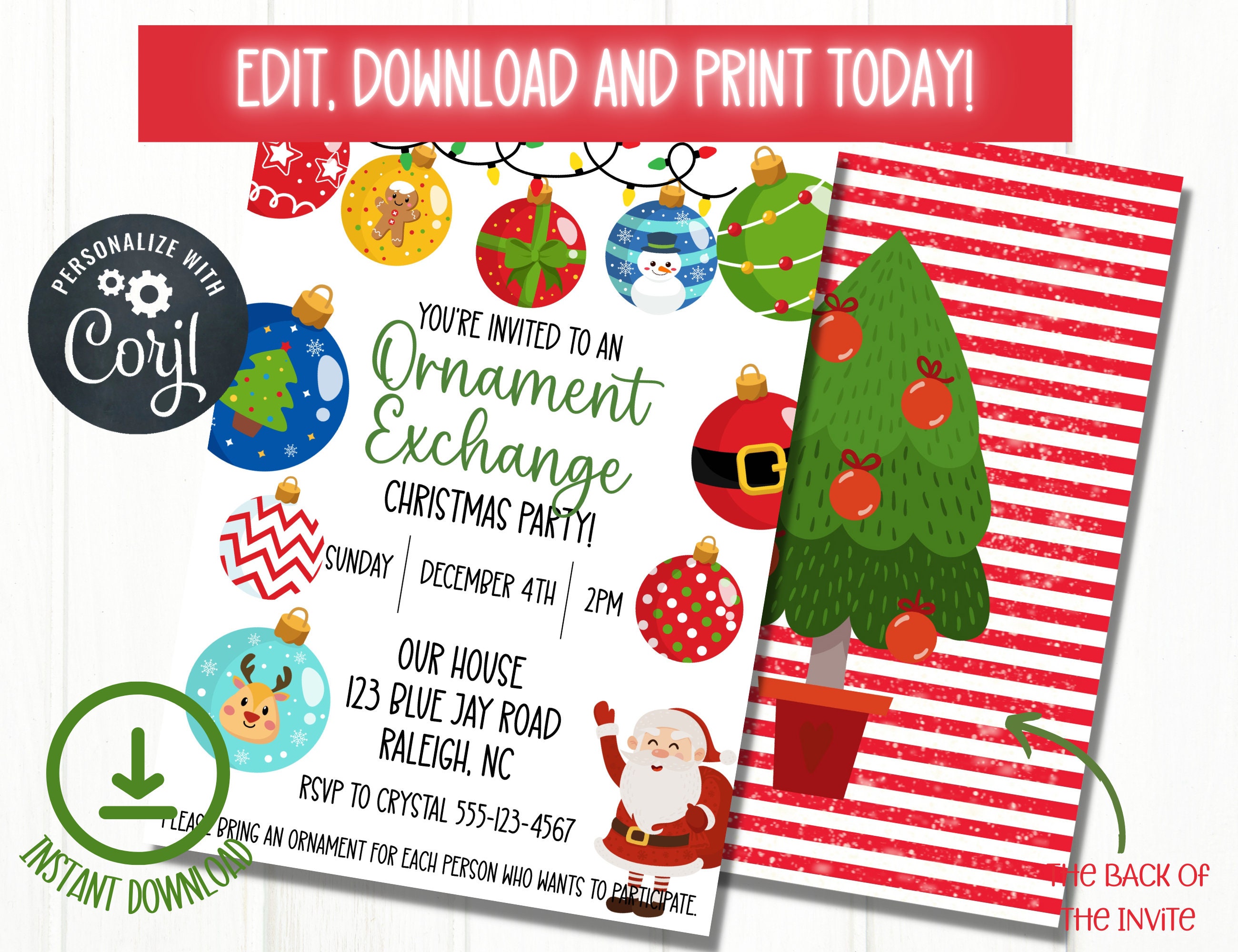 Editable Christmas Party Invitation, Ornament Exchange Invitation ...