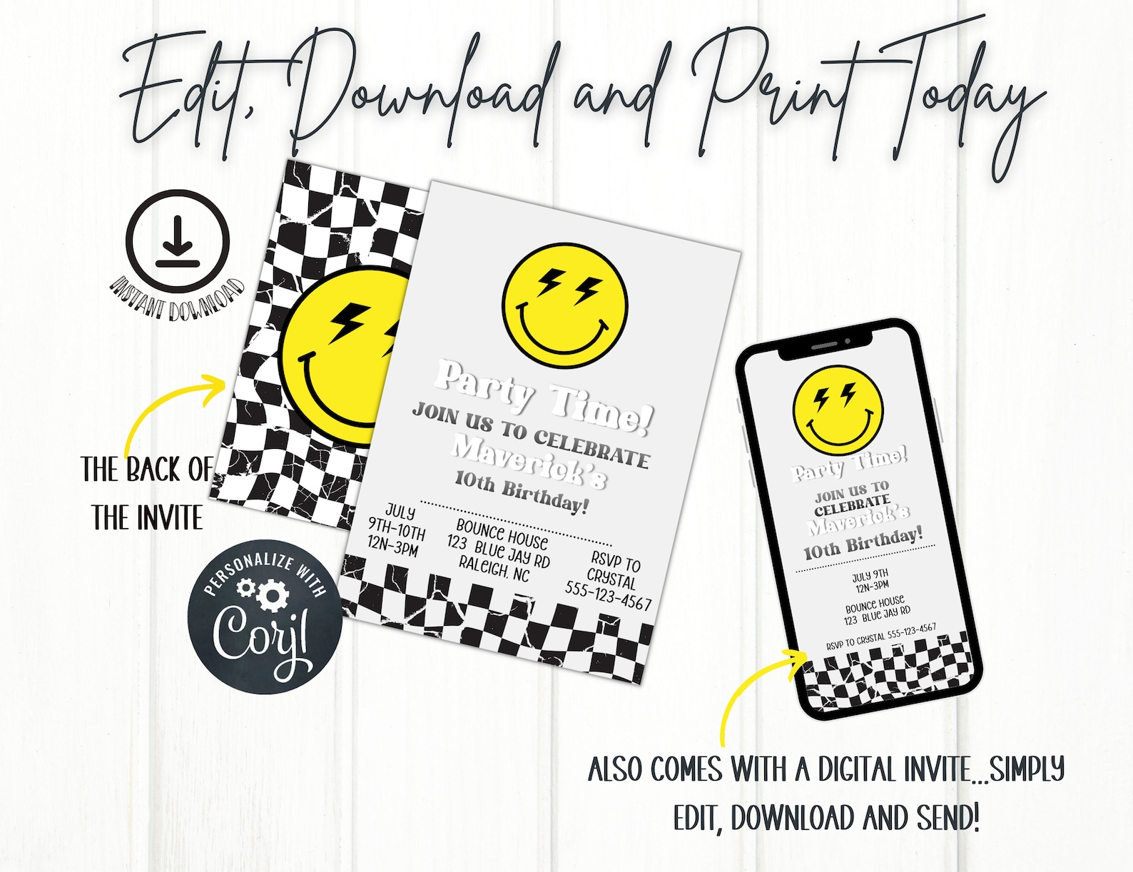 Editable Smiley Birthday Invite, Smiley Face Birthday Party, Editable ...