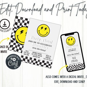 Editable Smiley Birthday Invite, Smiley Face Birthday Party, Editable ...