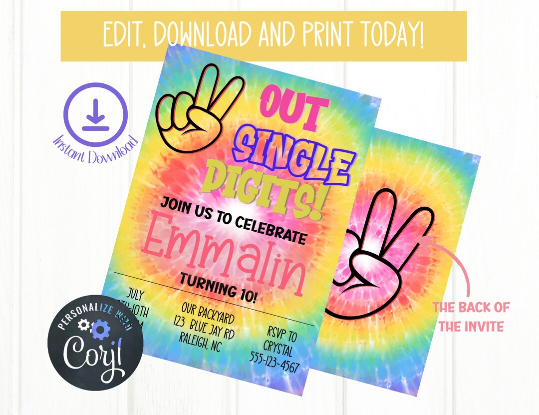 EDITABLE Peace Out Single Digits Birthday Party Invite, Tie Dyethemed ...