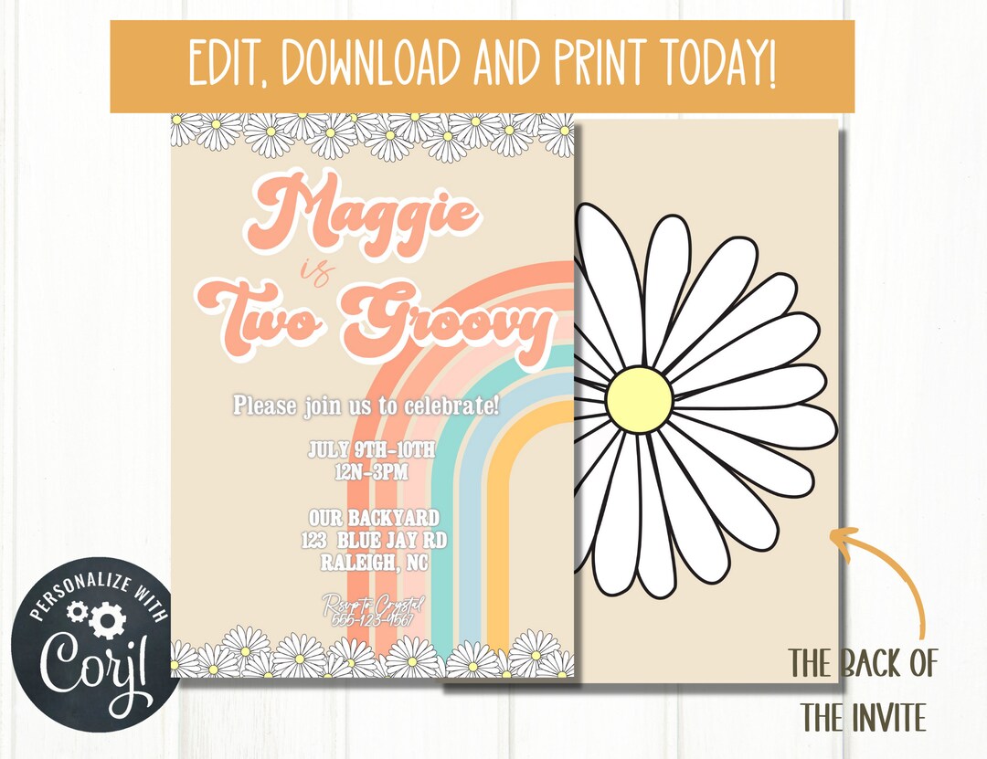 Editable Two Groovy Party Invitation, Birthday Party Invitation, Groovy ...