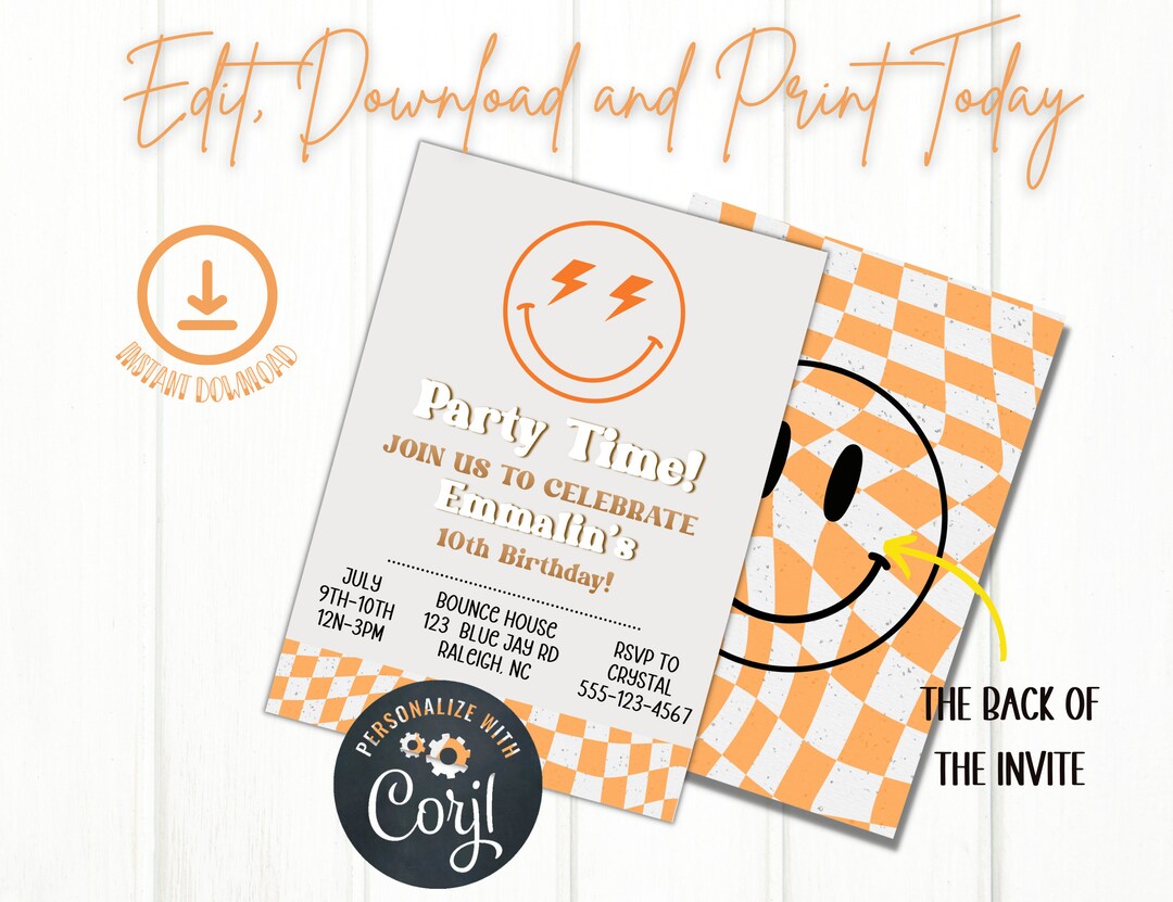 Editable Smiley Birthday Invite, Smiley Face Birthday Party, Editable ...