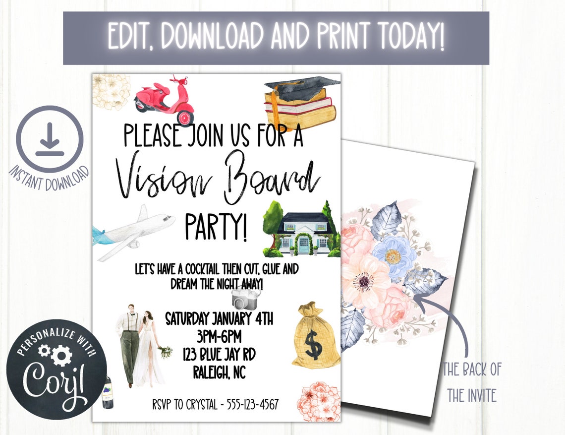 Editable Vision Board Party Invitation, Vision Board Template, New Year ...