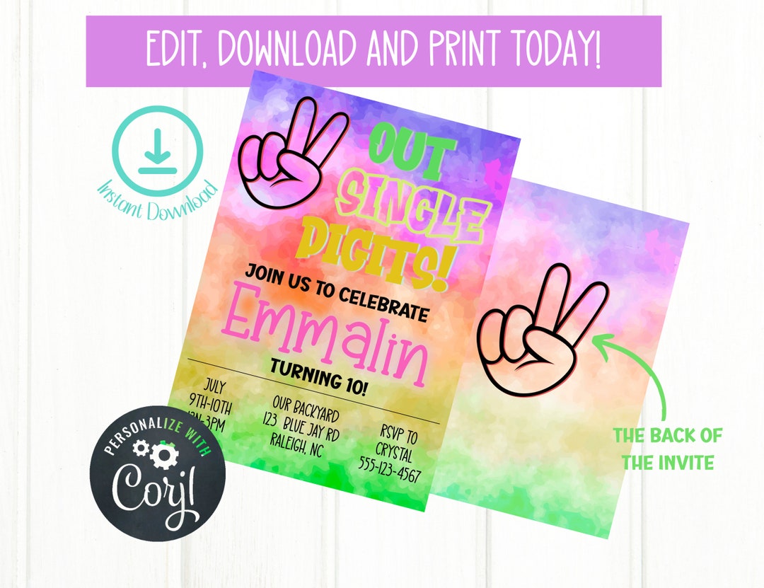 EDITABLE Peace Out Single Digits Birthday Party Invite, Tie Dyethemed ...