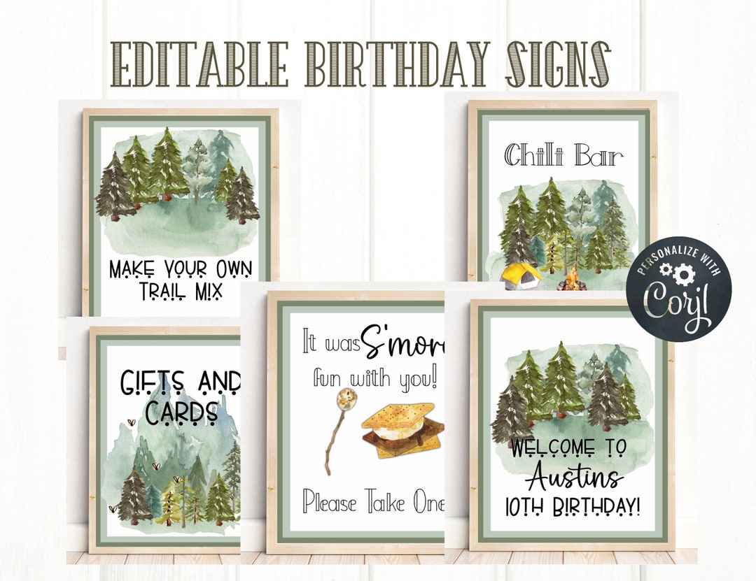 Editable Camping Theme Signs, Camping Party Signs, Birthday Decor ...