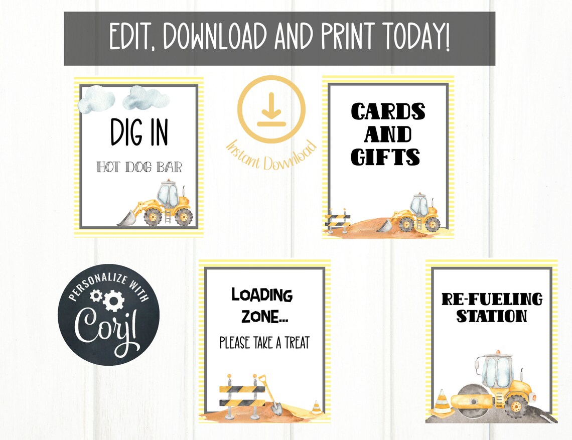 Editable Construction Theme Signs, Construction Party Signs, Birthday ...