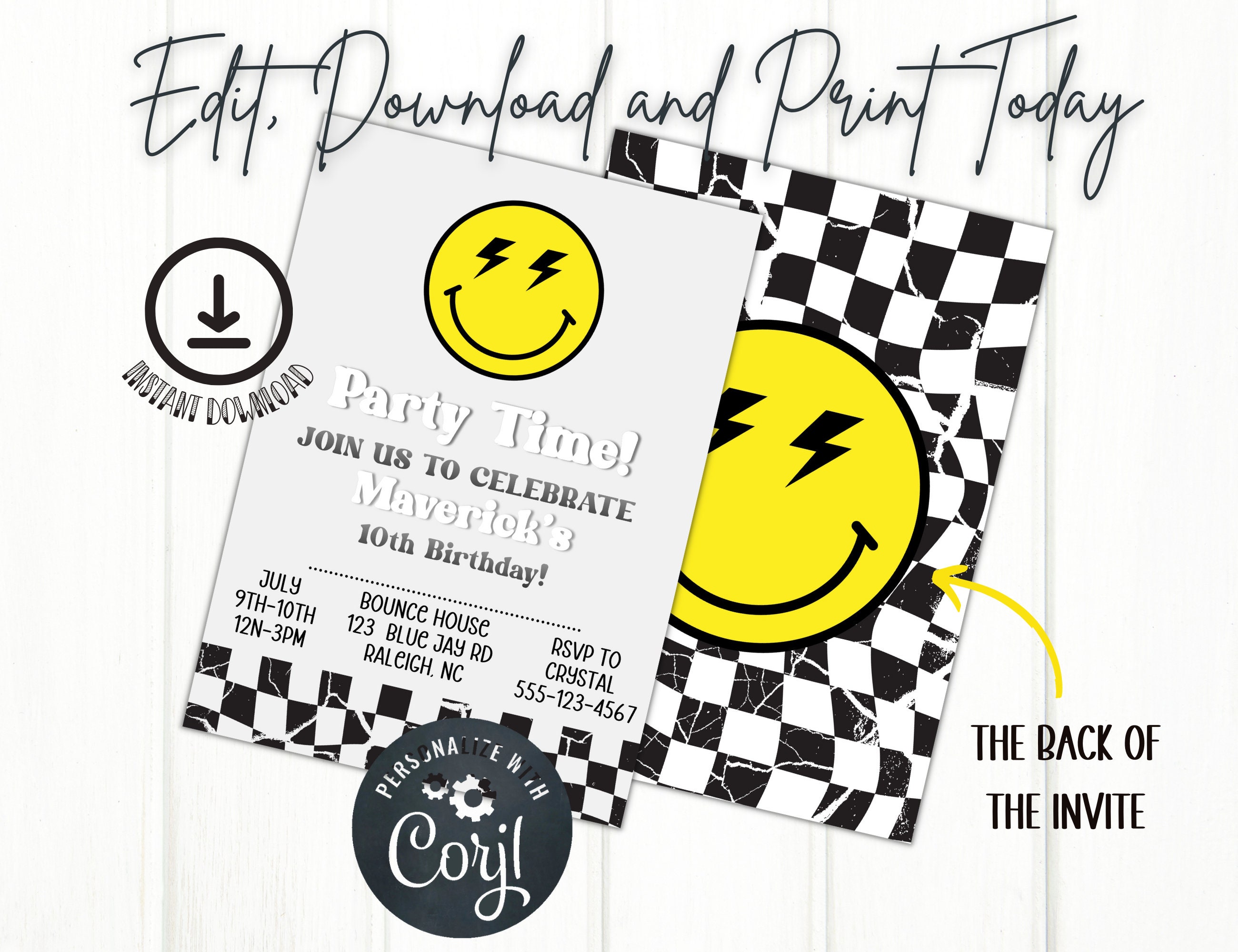 Editable Smiley Birthday Invite, Smiley Face Birthday Party, Editable ...