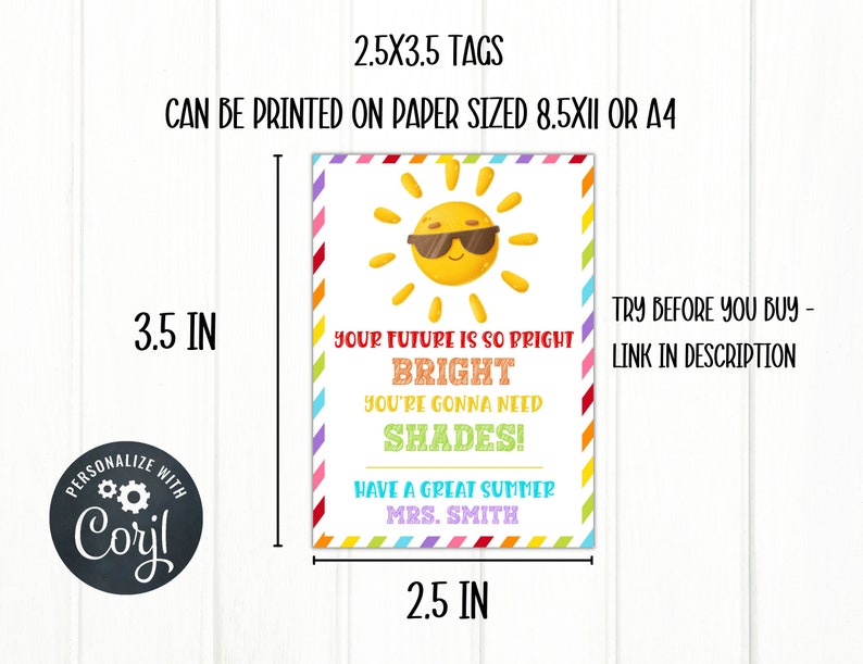 Editable Future so Bright You Gotta Wear Shades Gift Tag, End of Year ...