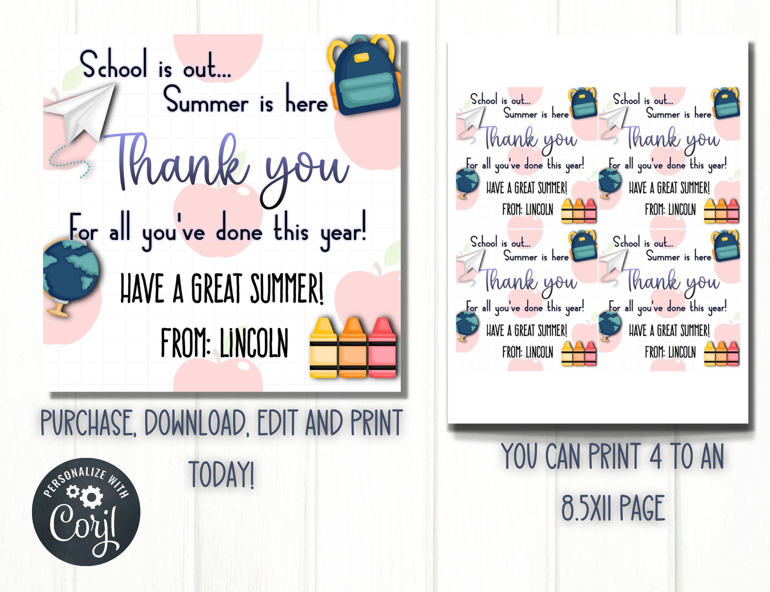 EDITABLE Thank You Tag End of Year Tag Last Day of School Tag Teacher ...