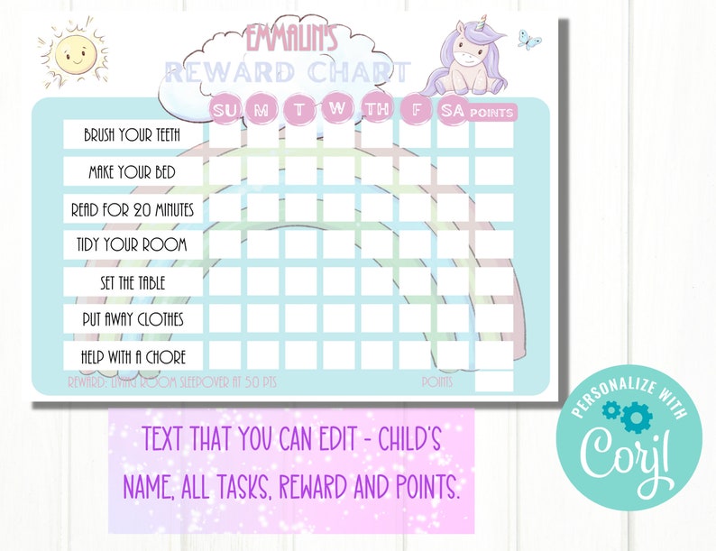 Editable Chore Chart | Editable Unicorn Chore Sheet | Editable Behavior ...
