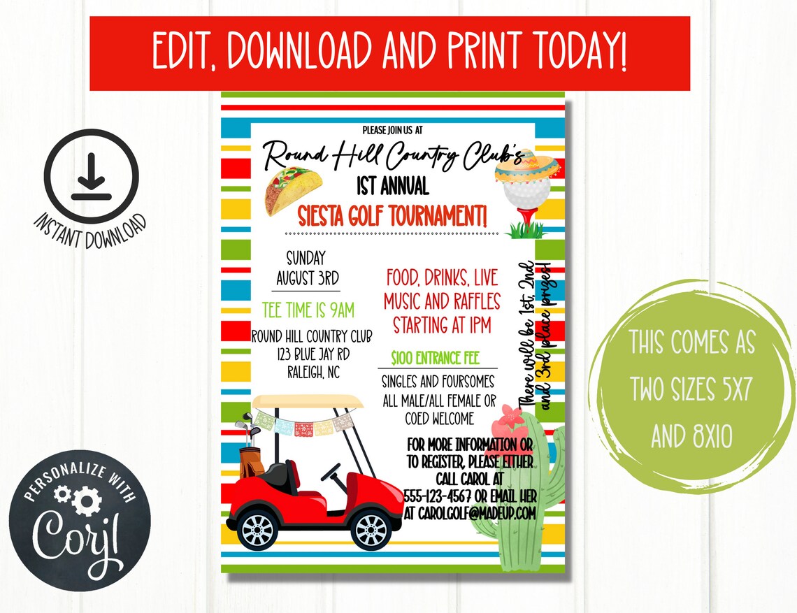 EDITABLE Fiesta Golf Tournament Flyer, Golf Fundraiser Flyer, Golf ...