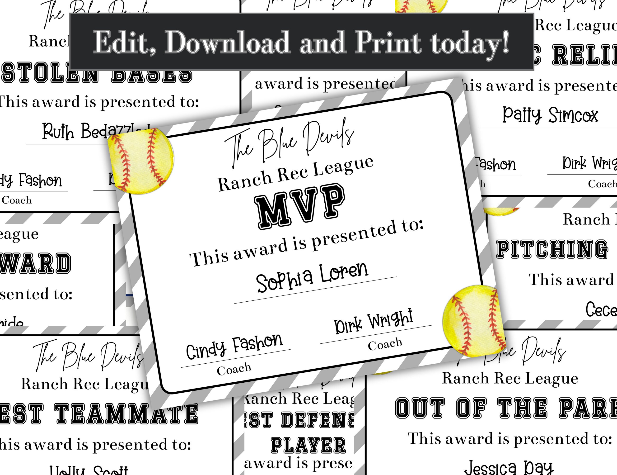 Editable Softball Award Certificates, Softball End of Season Awards 2 ...