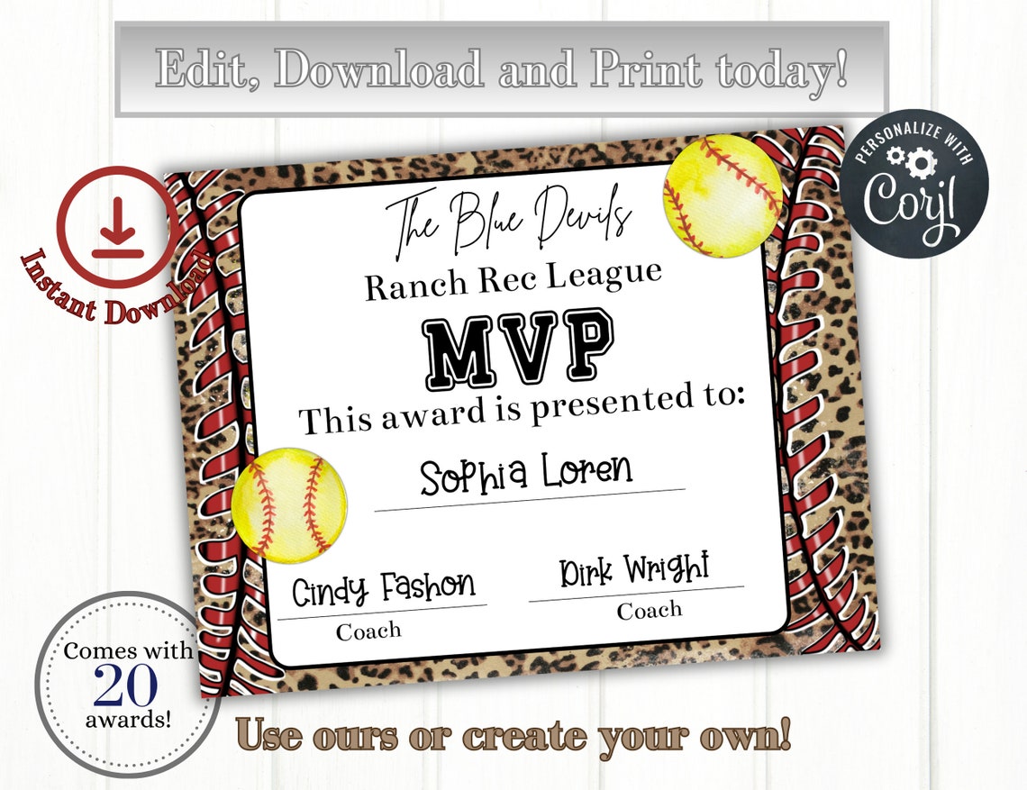 Editable Softball Award Certificates, Softball End of Season Awards 1 ...