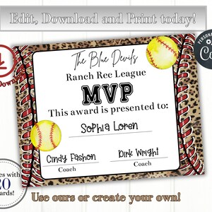 Editable Softball Award Certificates, Softball End of Season Awards 1 ...