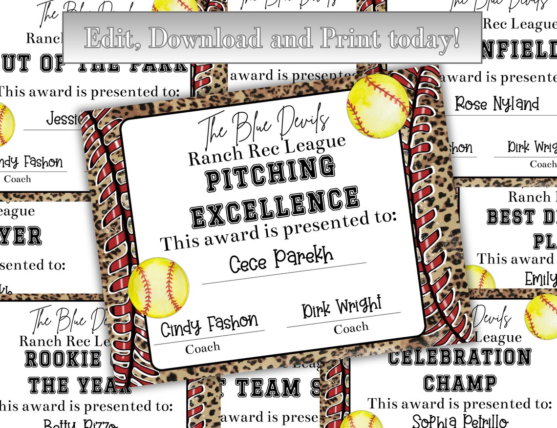 Editable Softball Award Certificates, Softball End of Season Awards 1 ...