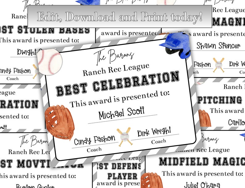 Editable Baseball Award Certificates, Baseball End of Season Awards 2 ...