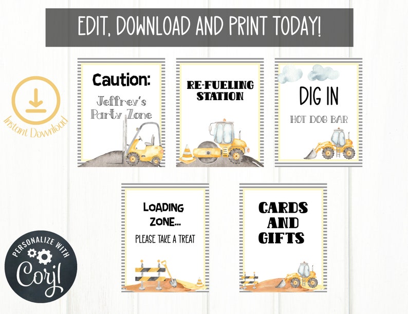 Editable Construction Theme Signs, Construction Party Signs, Birthday ...
