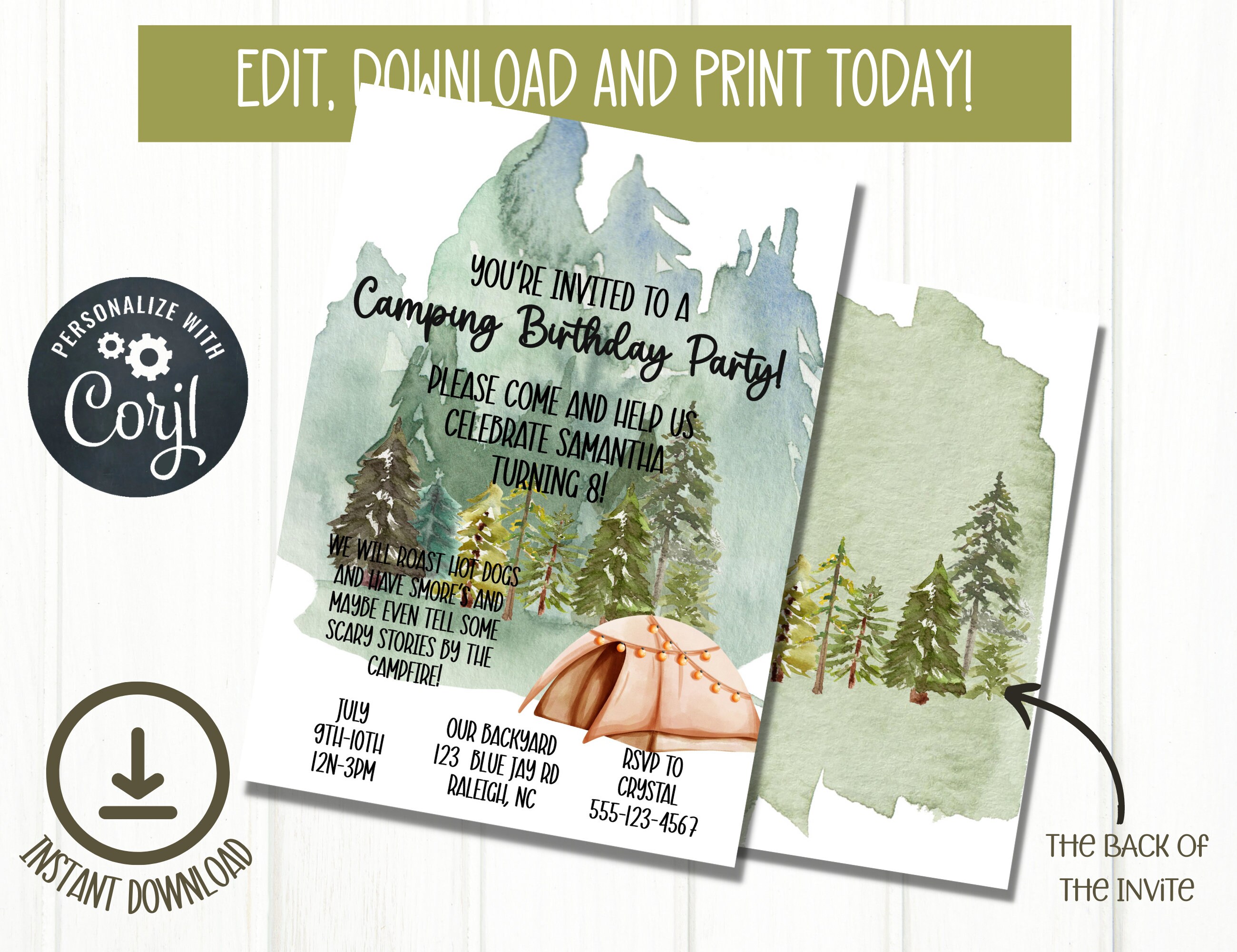 EDITABLE Camping Birthday Party Invite, Camping Themed Birthday ...