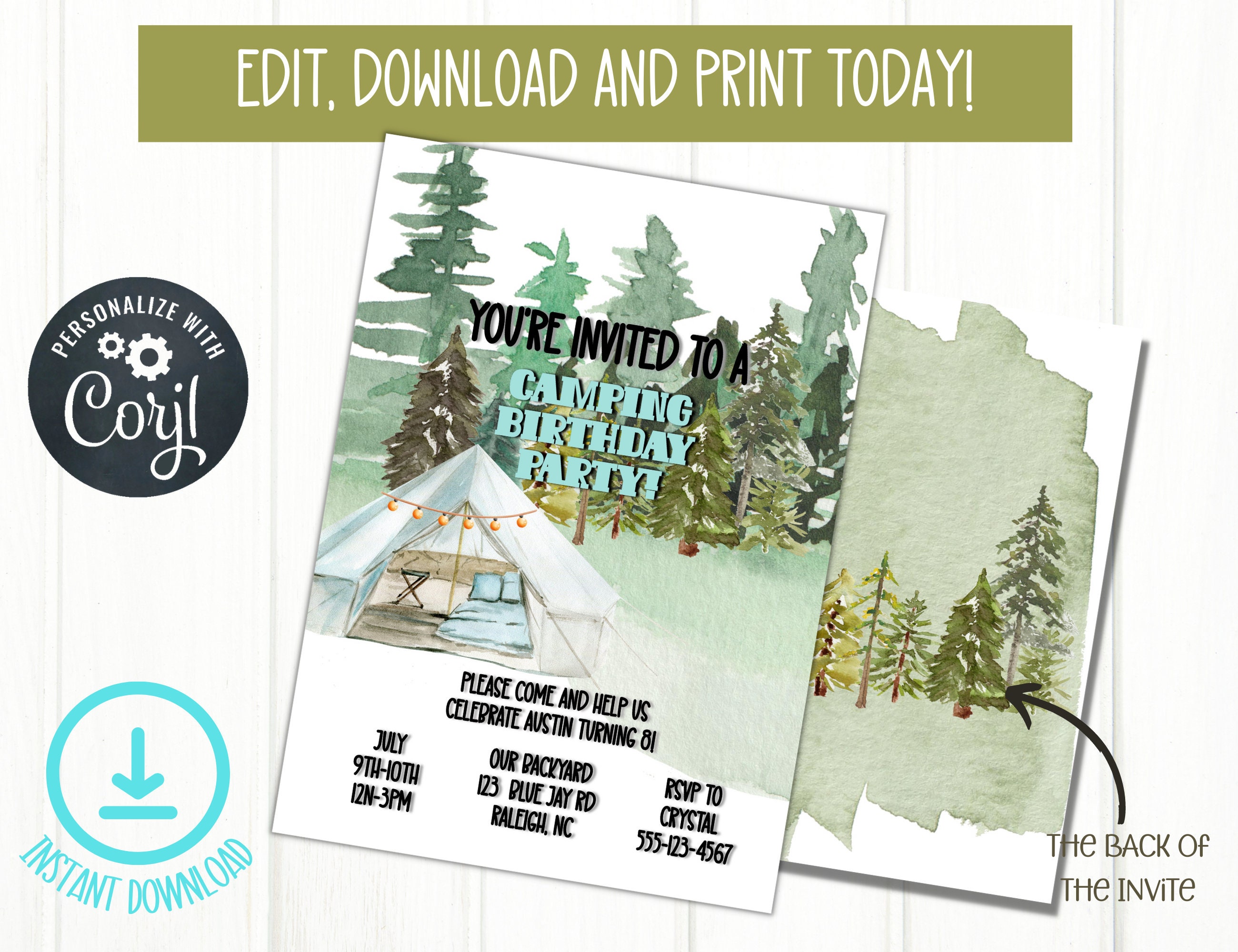EDITABLE Camping Birthday Party Invite, Camping Themed Birthday ...