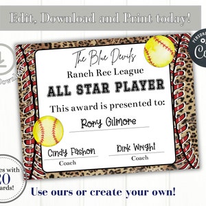 Editable Softball Award Certificates, Softball End of Season Awards 1 ...