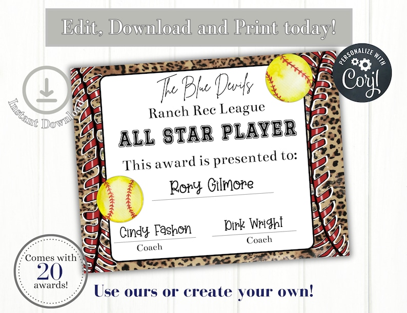 Editable Softball Award Certificates, Softball End of Season Awards 1 ...