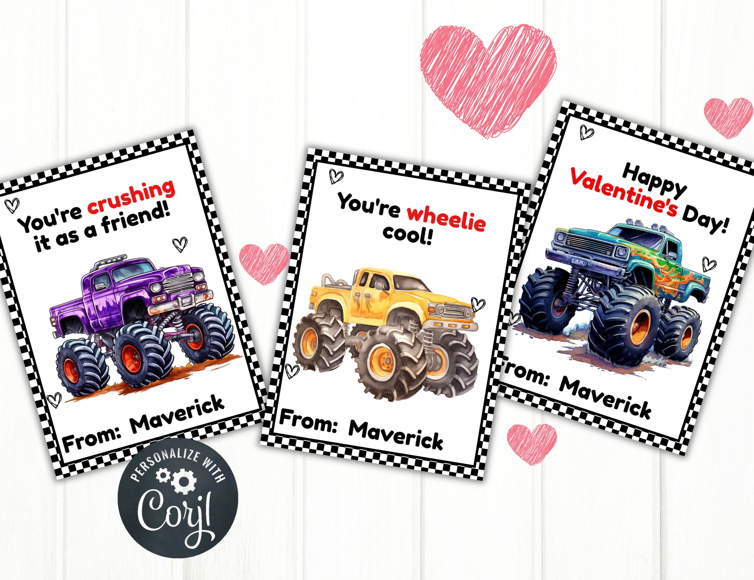 Editable Monster Truck Valentine's Day Cards - Etsy
