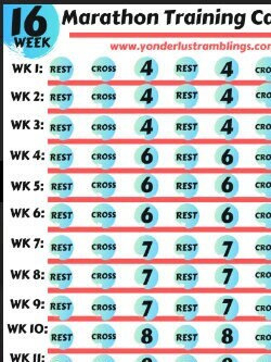 16 Week Marathon Training Calendar - Etsy