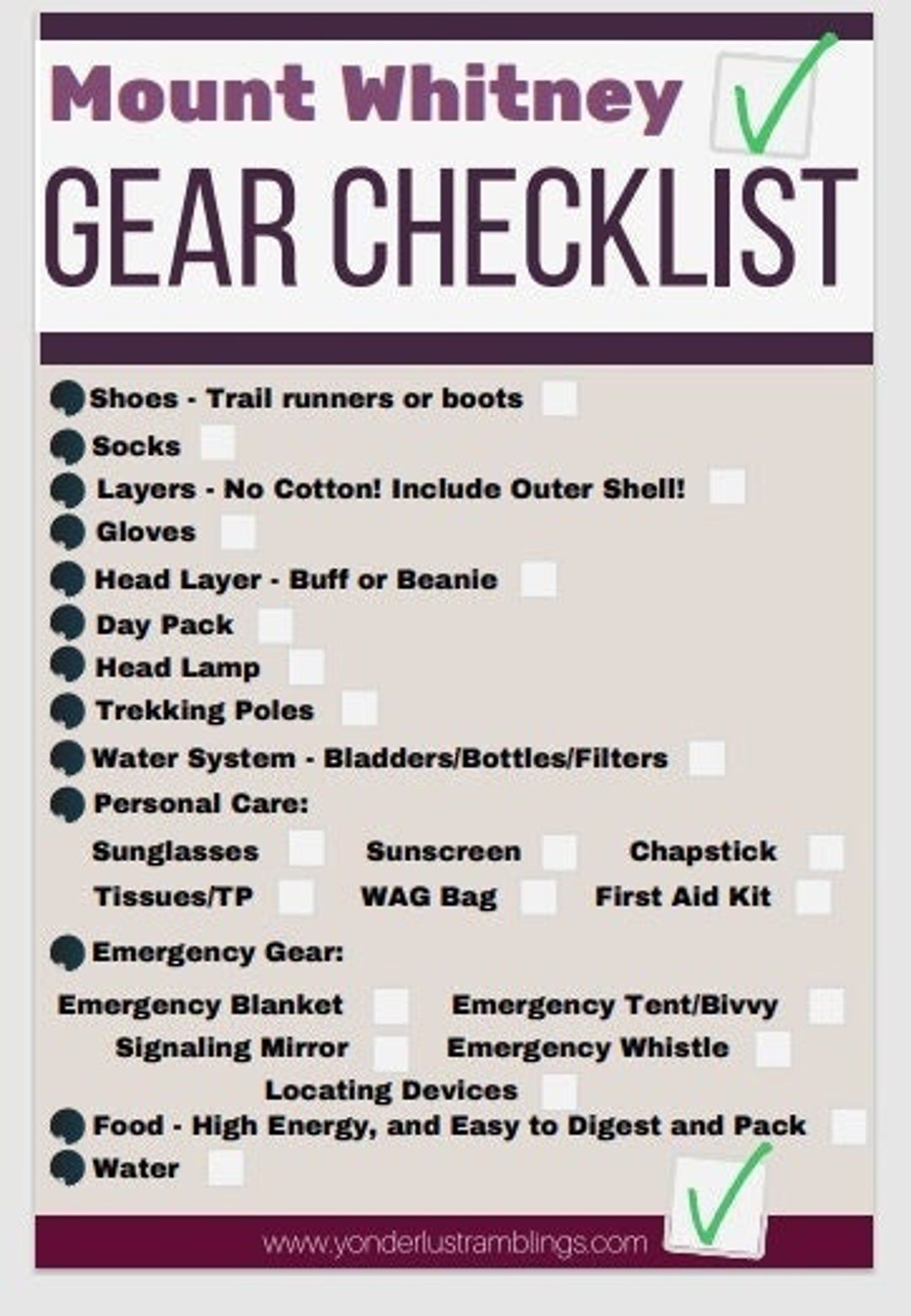 Mt. Whitney Gear Checklist Printable - Etsy