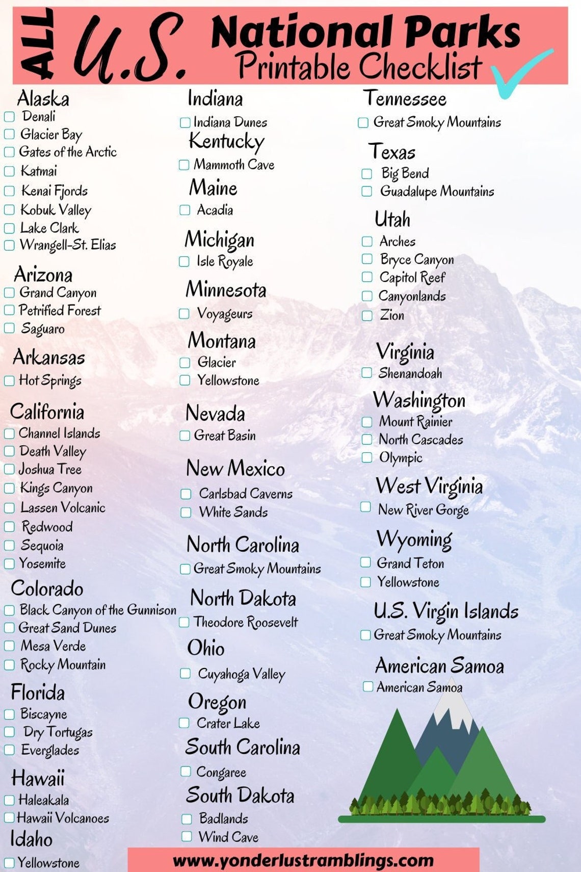 U.S. National Parks Checklist - Etsy