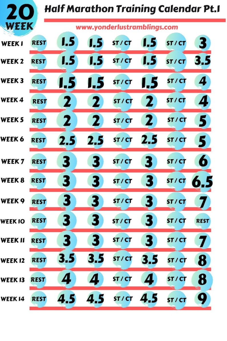 20 Week Half Marathon Training Calendar for Beginners - Etsy